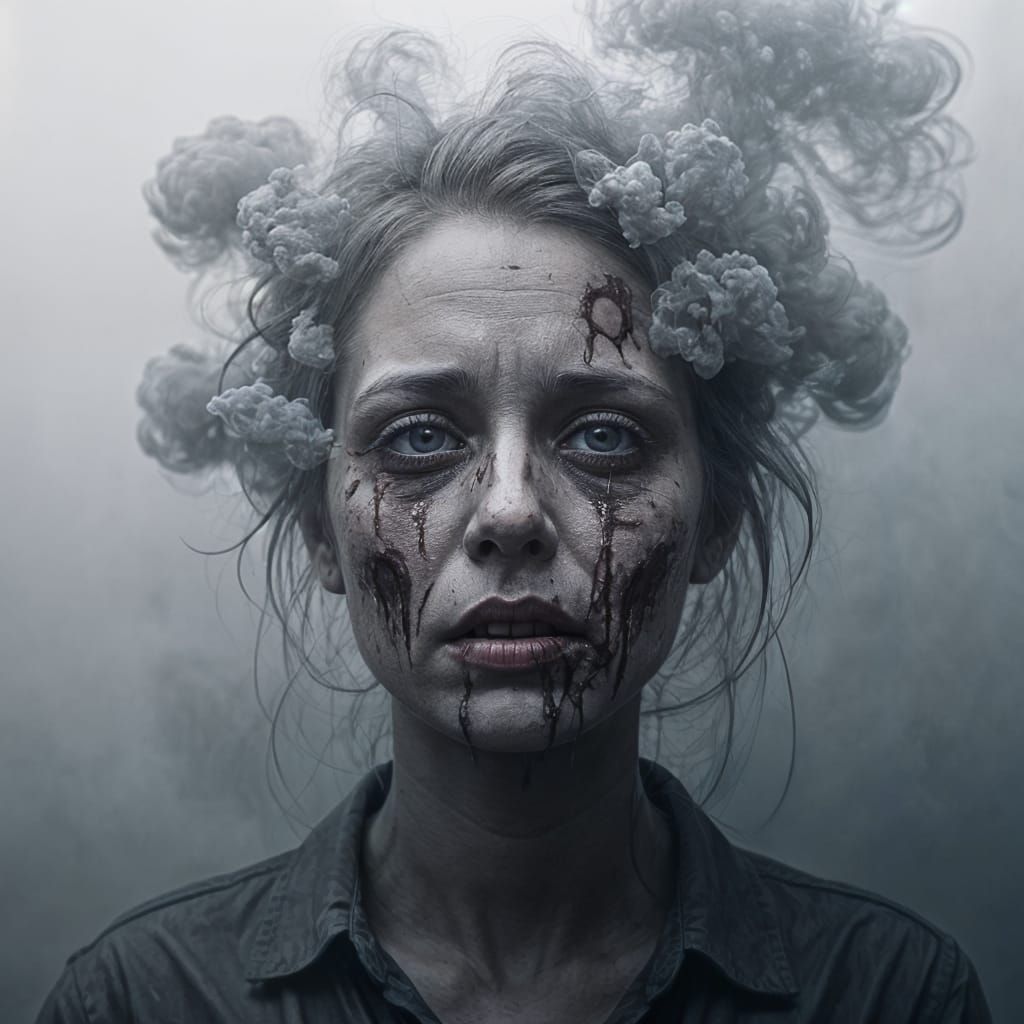 Eerie Zombie Headshot with Exploding Smoke - AI Art