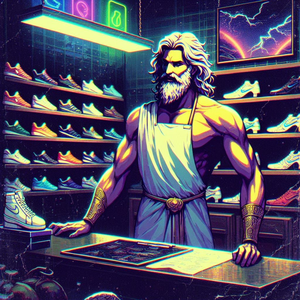 Greek God Zeus working in a shoe shop