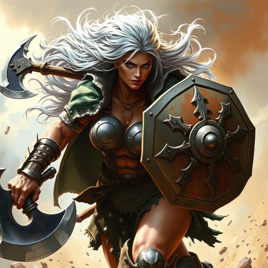 Epic Fantasy Warrior in Armor, Shield and Labrys A... - AI Art