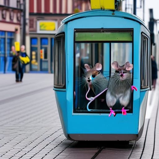 The rats riding by the Wrocław's tram along the walkside. - AI ...