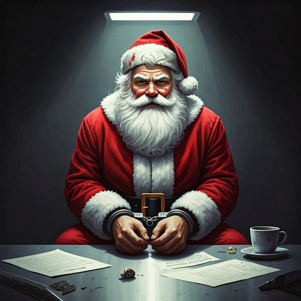 Santa claus, mug shot, arrested, clean oil ink airbrush illustration,