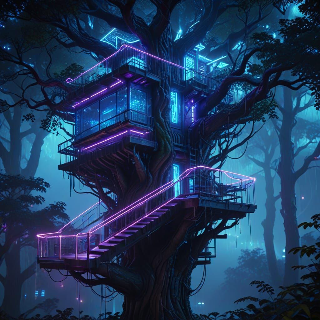 high tech treehouse at night - Cyberpunk Treehouse at Night...