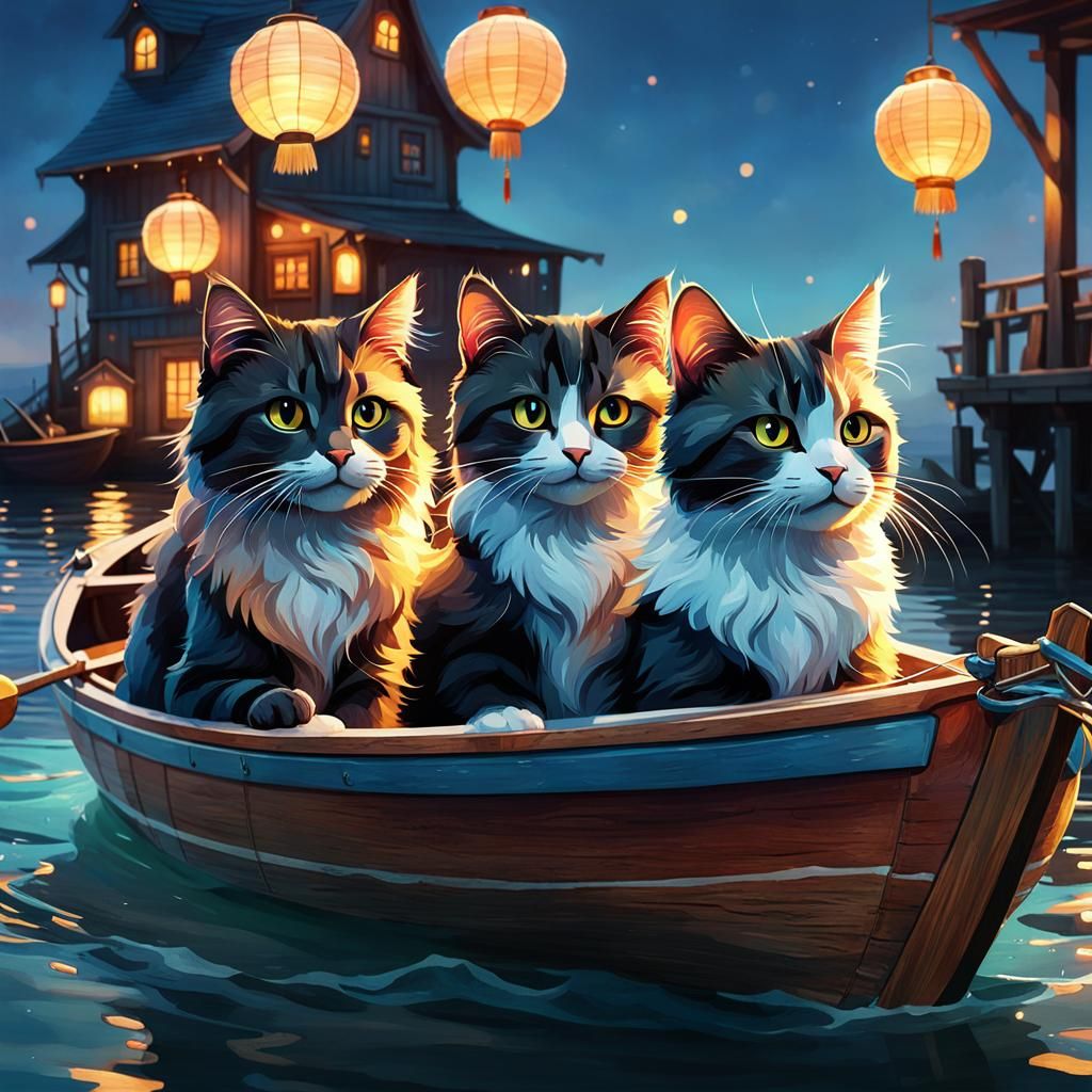 Cats love taking the rowing boat out of a evening - AI Generated Artwork - NightCafe Creator