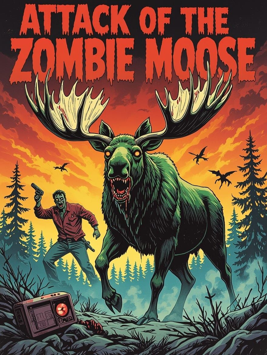 A 1980s horror VHS cover. "Attack of the zombie moose". sinister by ...