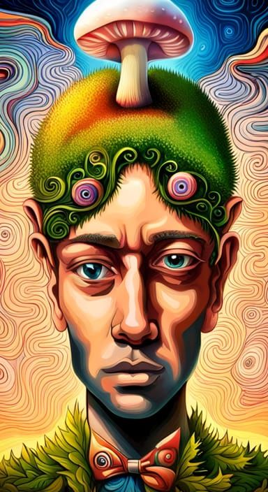 a psychedelic face with large unrealistic eyes and a mushroom growing ...
