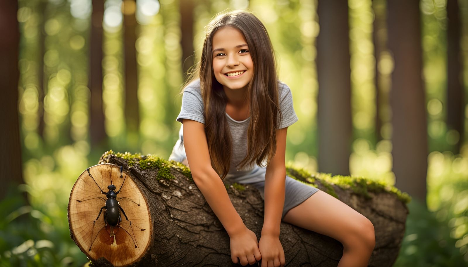 Shy smiling 11 year old german girl with long dark hair in short pants balancing over a trunk in ...