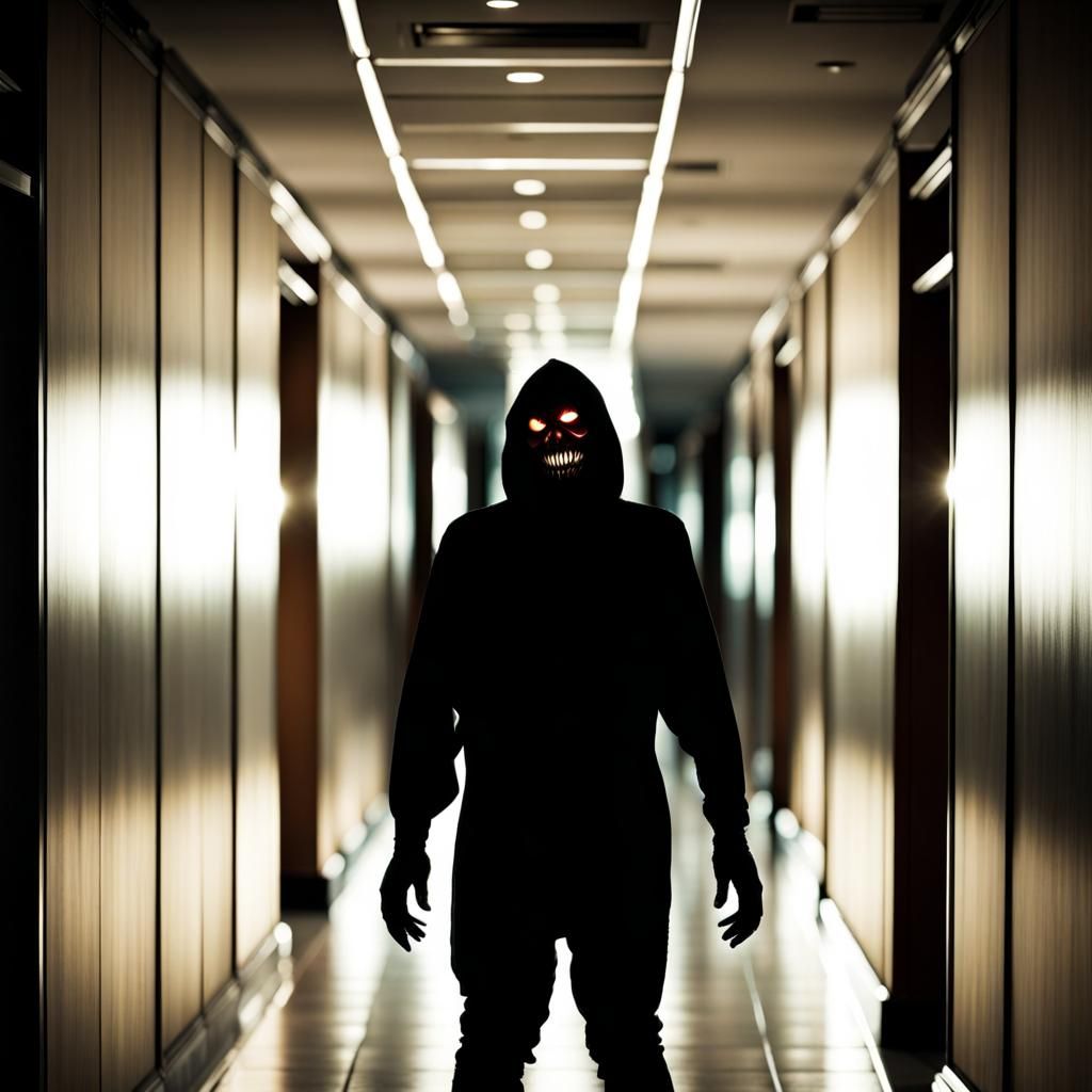 horror monster hiding in darkness in a mall hallway backlit body out of ...