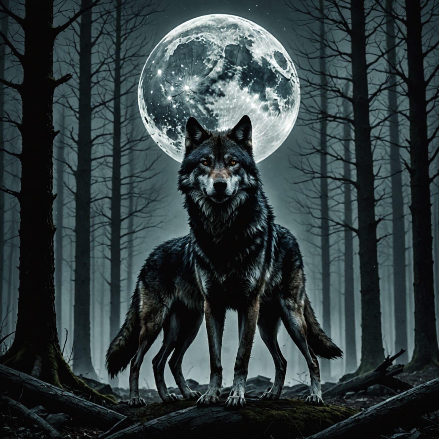 Lunar Wolves Stalk Prey Under Midnight Sky - AI Art