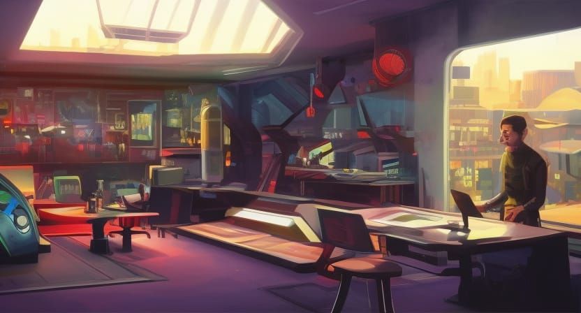 an impressive cyberpunk work office, a watercolor painting - AI ...