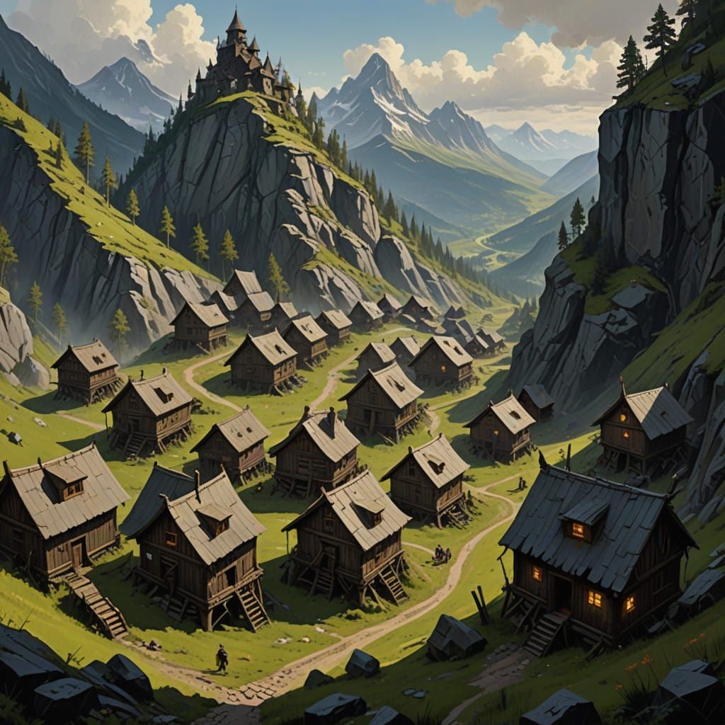 Concept art for a goblin mining village for my 2024 ed D&D campaign world