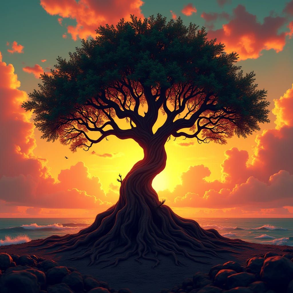 Reggae Tree Silhouette in Vibrant Sunset Sky - AI Art