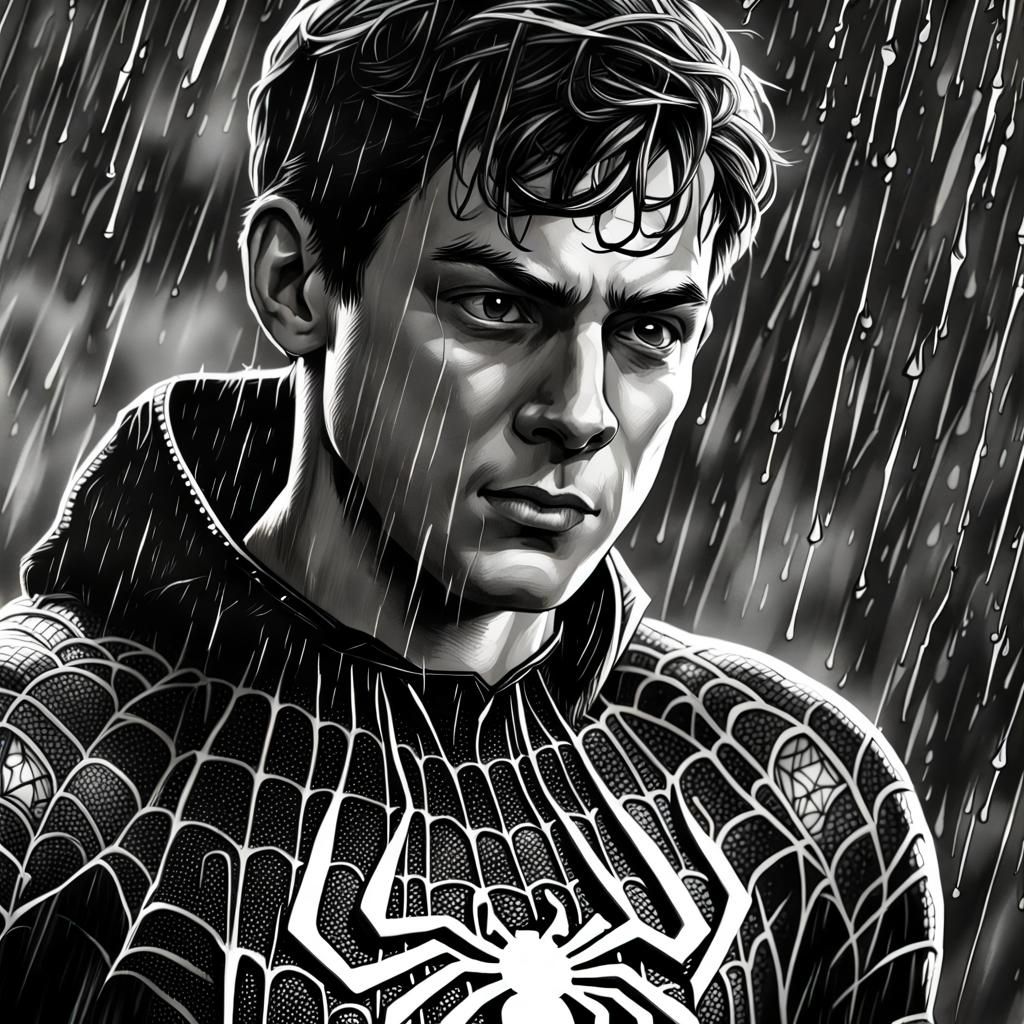 Peter Parker as Spider-man , wet face , heavy rain ,dramatic, intricate ...