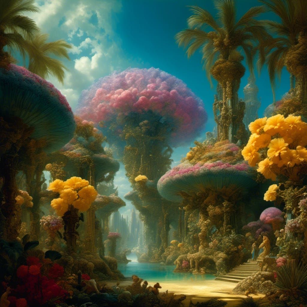 a fantastical garden on an alien planet with lots of large fantastical ...