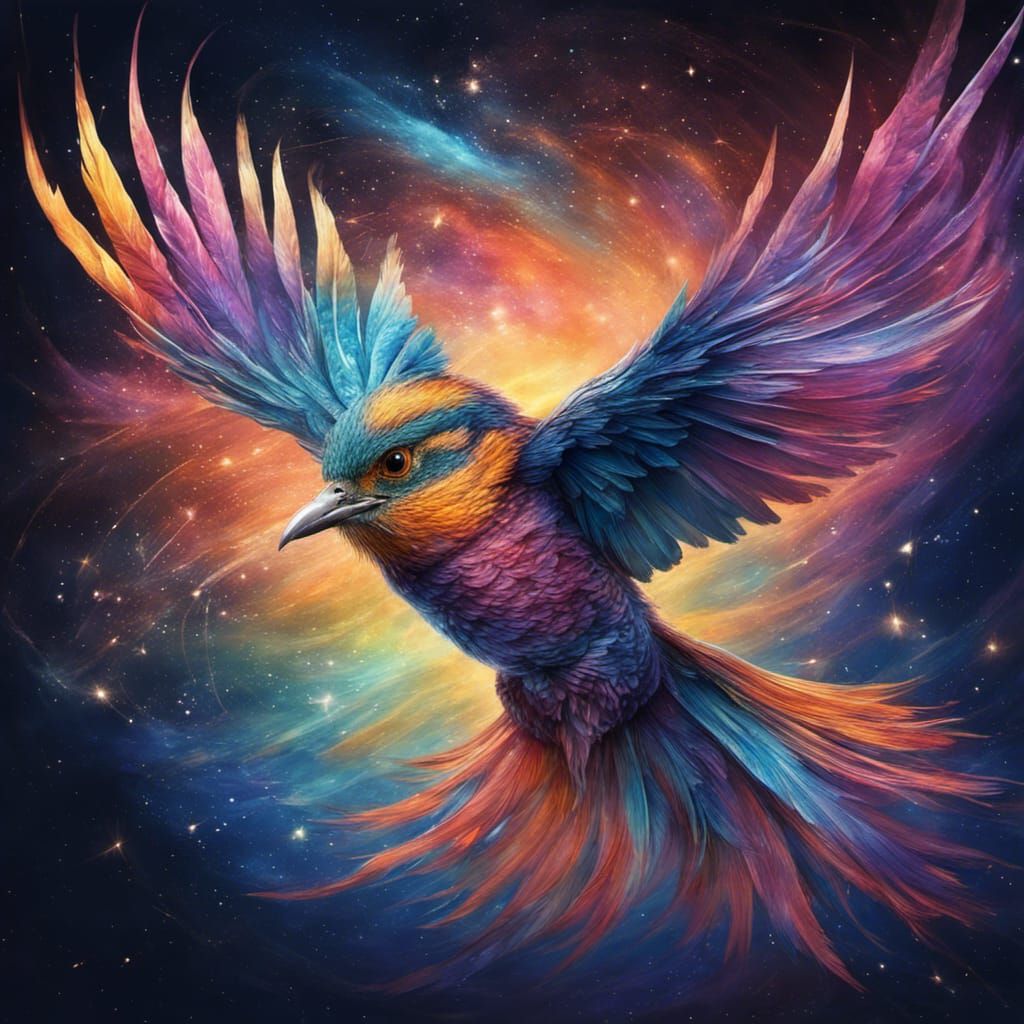 Beautiful bird flying through the cosmos, galactic, star trail ...