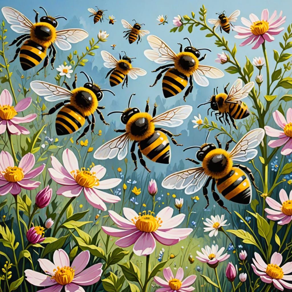 Bees flying in beautiful Spring. - Bees in Vibrant Spring Bl...