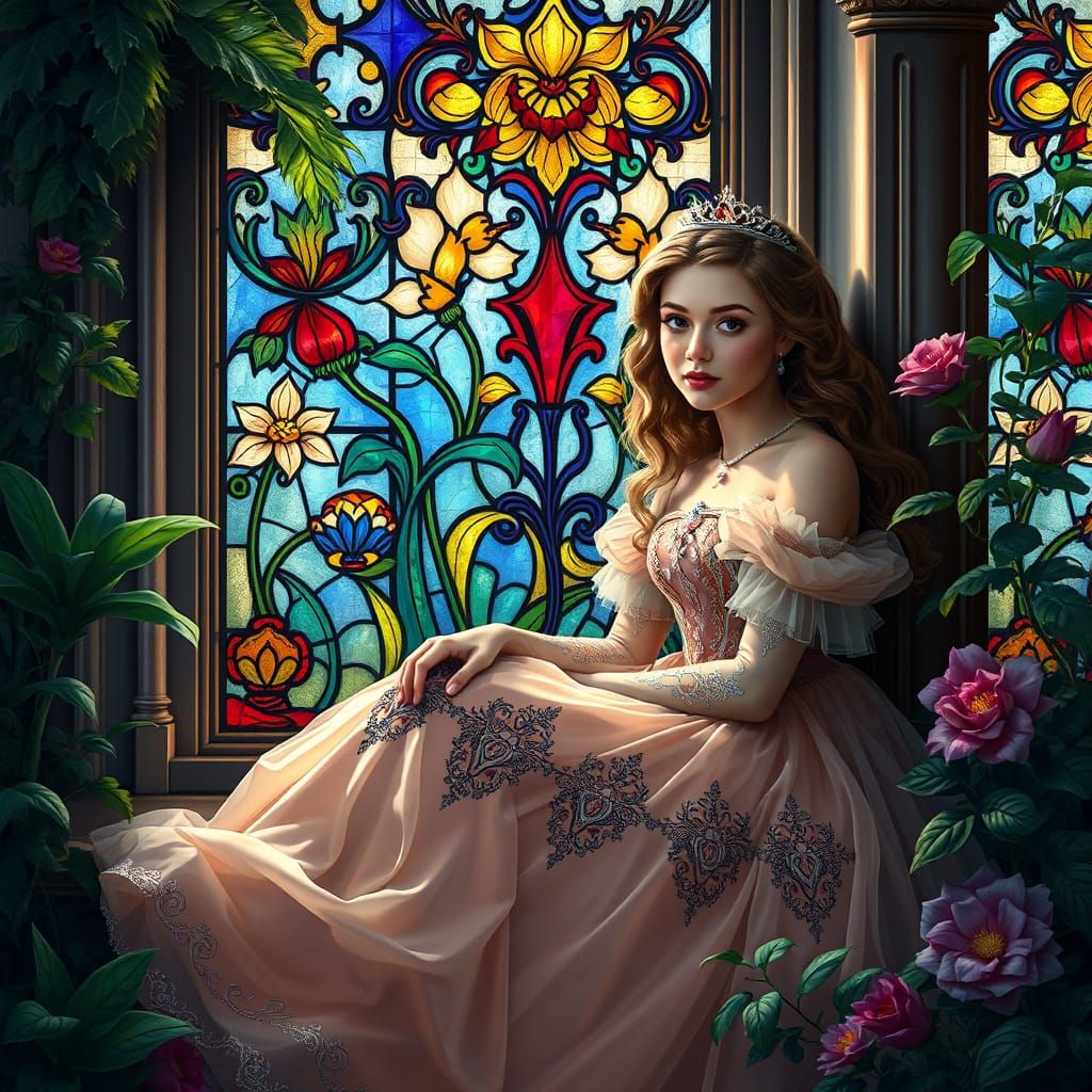 Beautiful young princess sitting next to a stained glass window