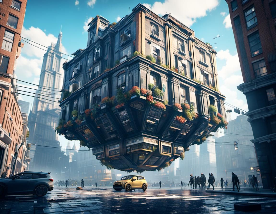 An upside-down building floating in the middle of a crowded city street ...
