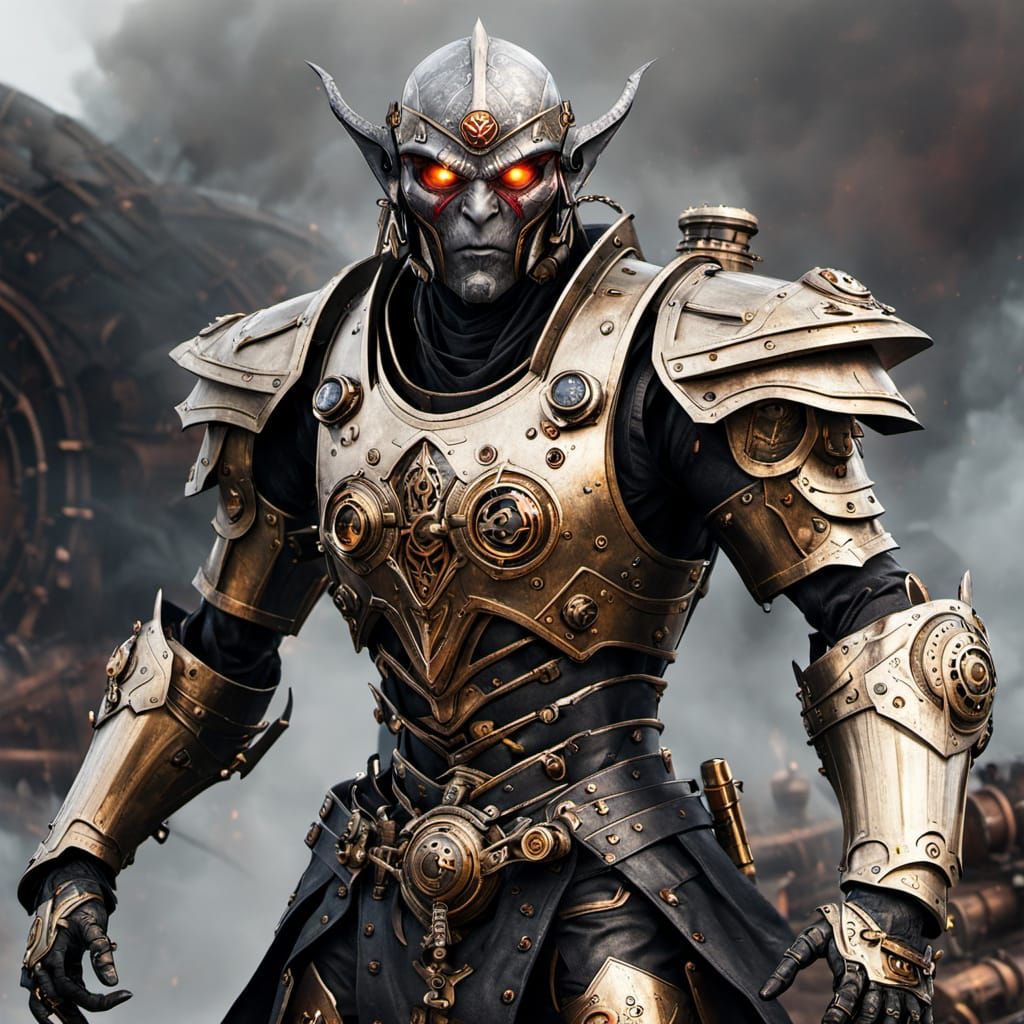 3/4 view of a dark elf entity with steamy red eyes appearing through the myst of the battle in ...