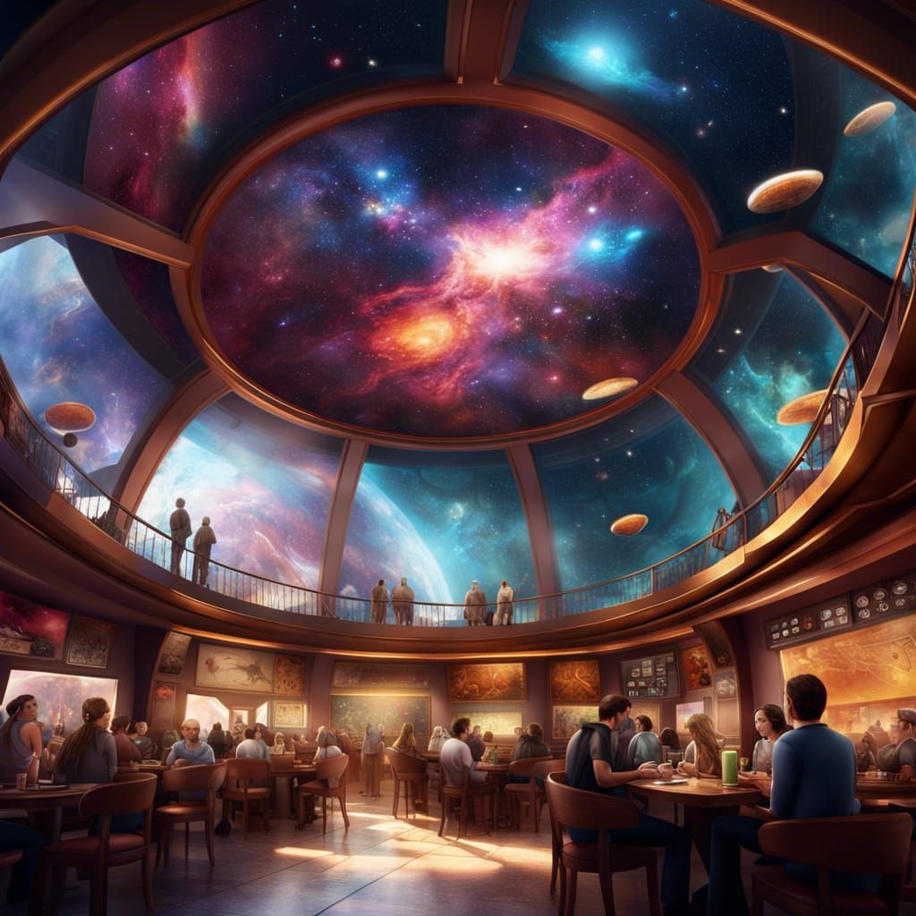 Crowded_coffee_shop, glass_dome_ceiling view of nebulae, The_Restaurant_at the_End_of_the ...