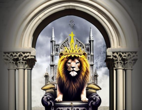 Majestic centered muscular lion sitting on a throne, wearing a golden ...