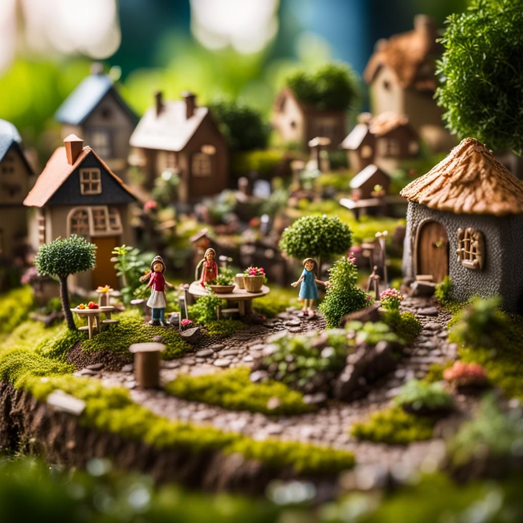 Miniature fairy garden village in a human garden with recycled ...