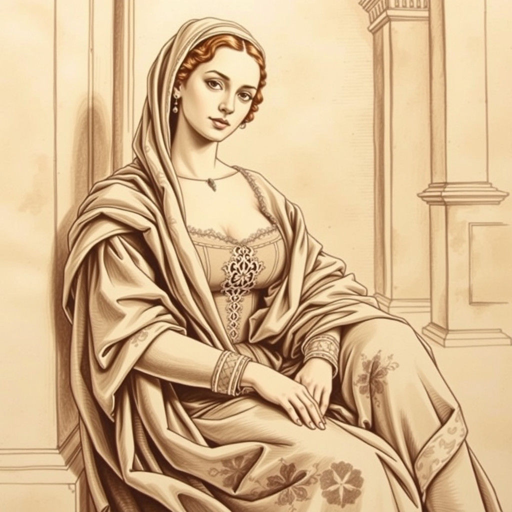 Italian Renaissance Art Drawing. Brown pencil on parchment paper. Woman