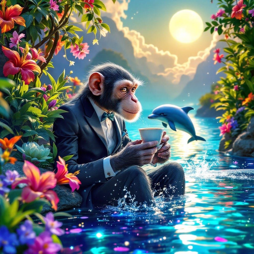 Tea Time - Elegant Monkey Sips Tea in a Fantasy Realm Pool