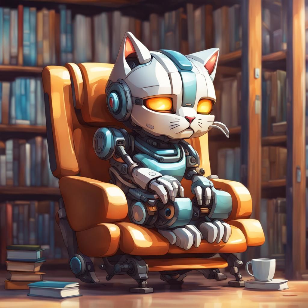 cute chibi robotic kitty cat robot sleeping on a chair in a library by ...