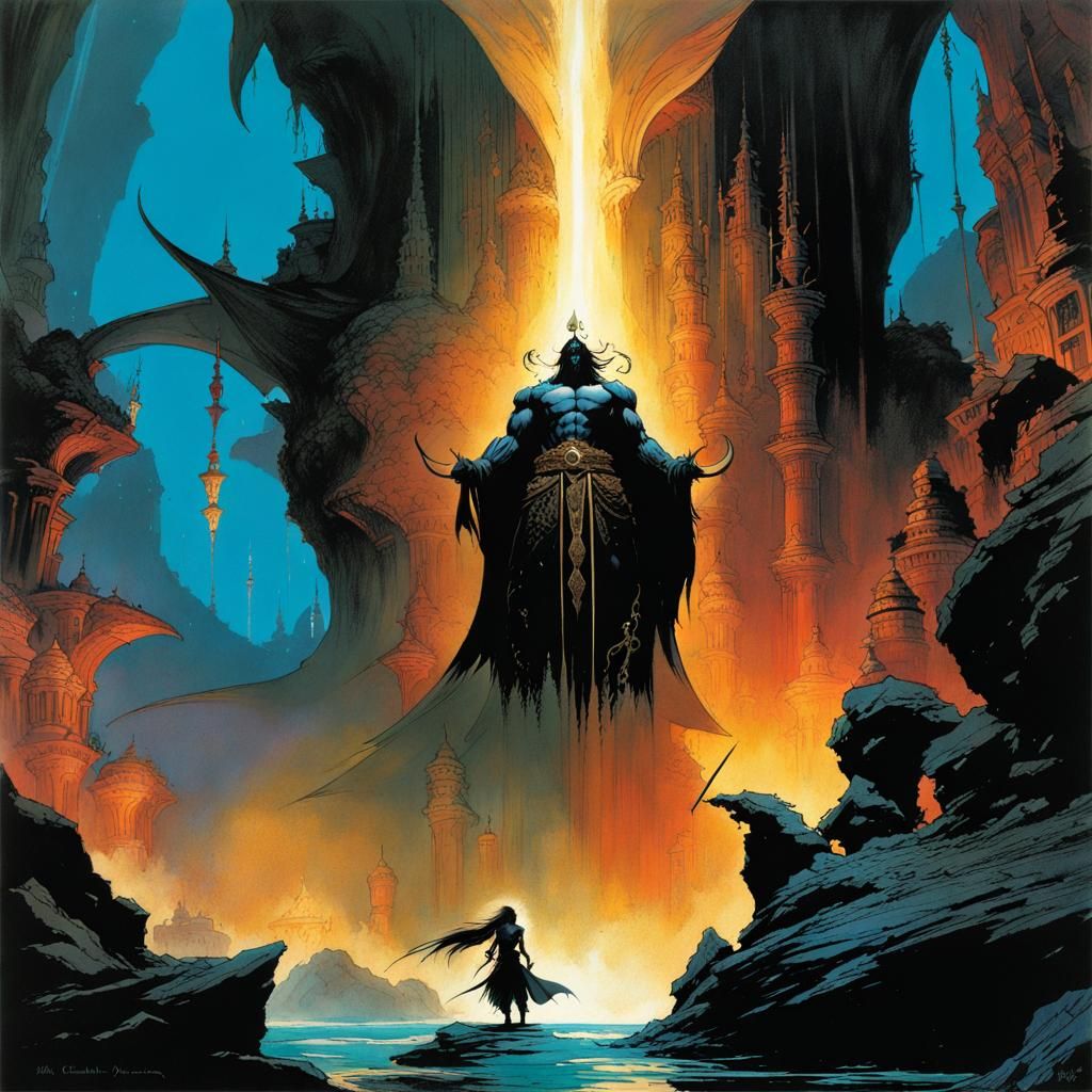 djinn, dark fantasy splash art, John Berkey & Charles Vess & Minjae Lee, detailed background ...