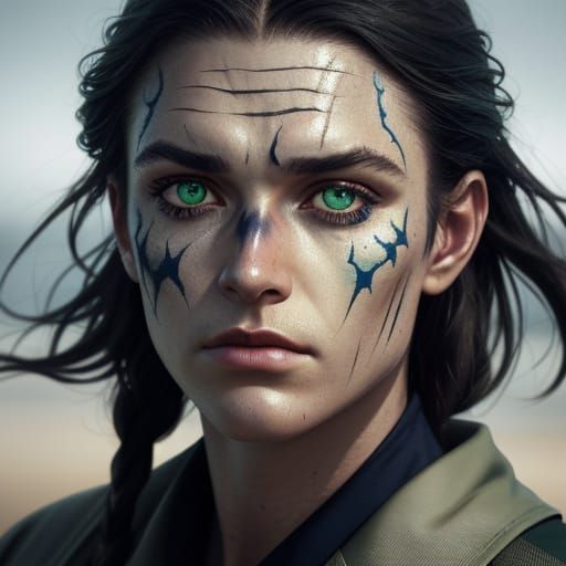 close-up portrait of a handsome navy seal, face paint, green eyes ...