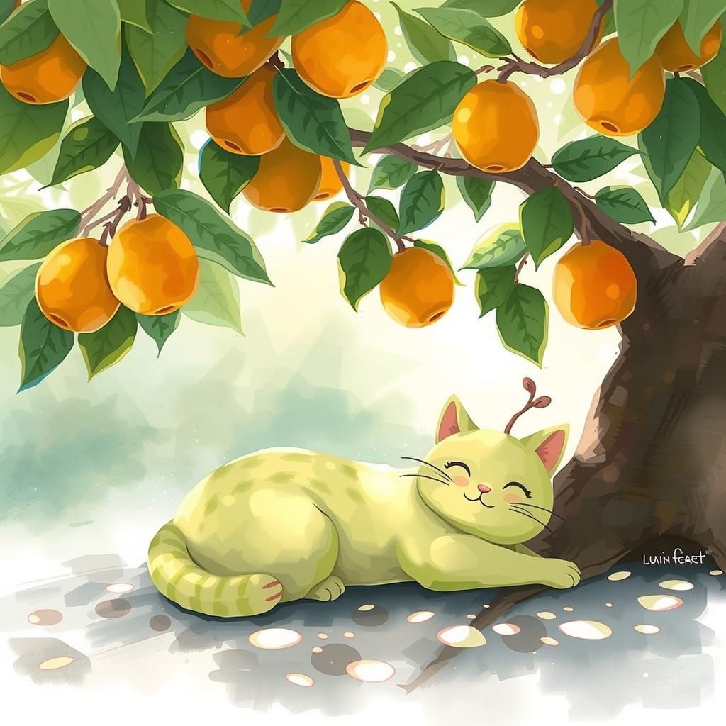 Whimsical Pear Cat in Lush Fruit Tree Landscape - AI Art