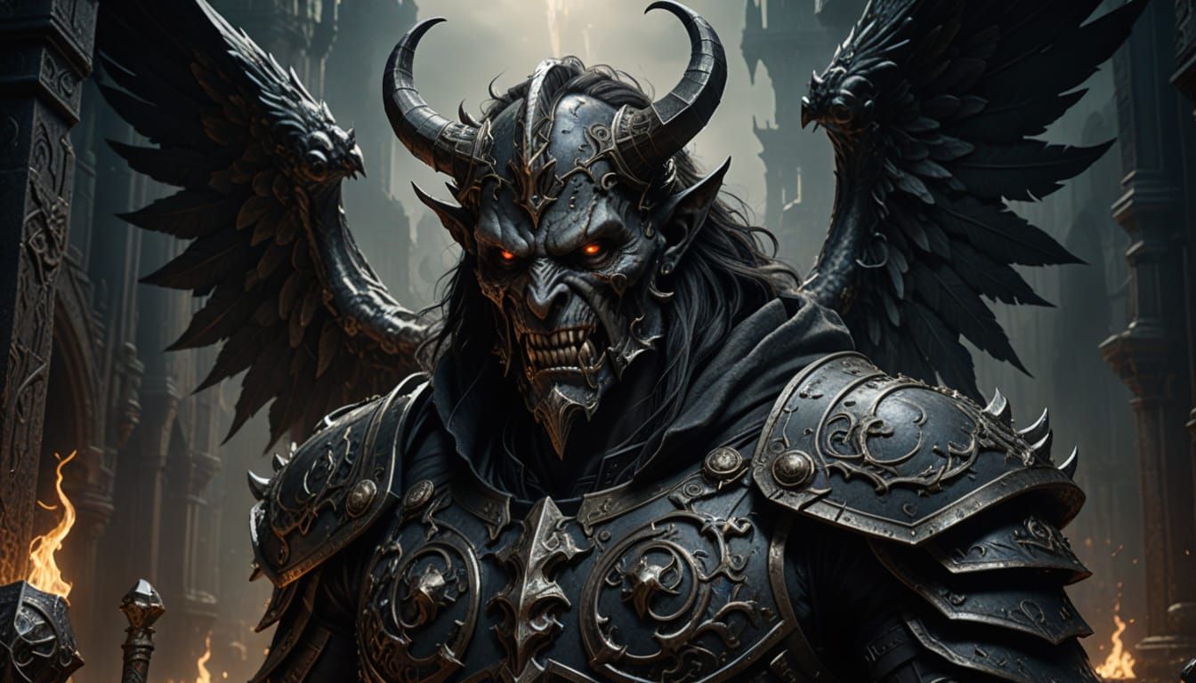 Grim Warhammer with Angelic and Demonic Heads in M... - AI Art