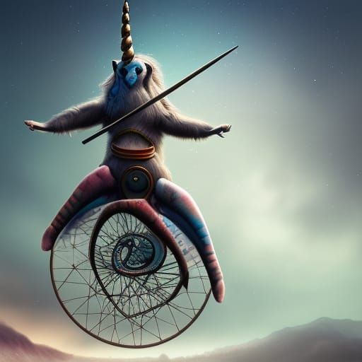 A unicorn wearing a monocle, riding a unicycle - AI Generated Artwork - NightCafe Creator