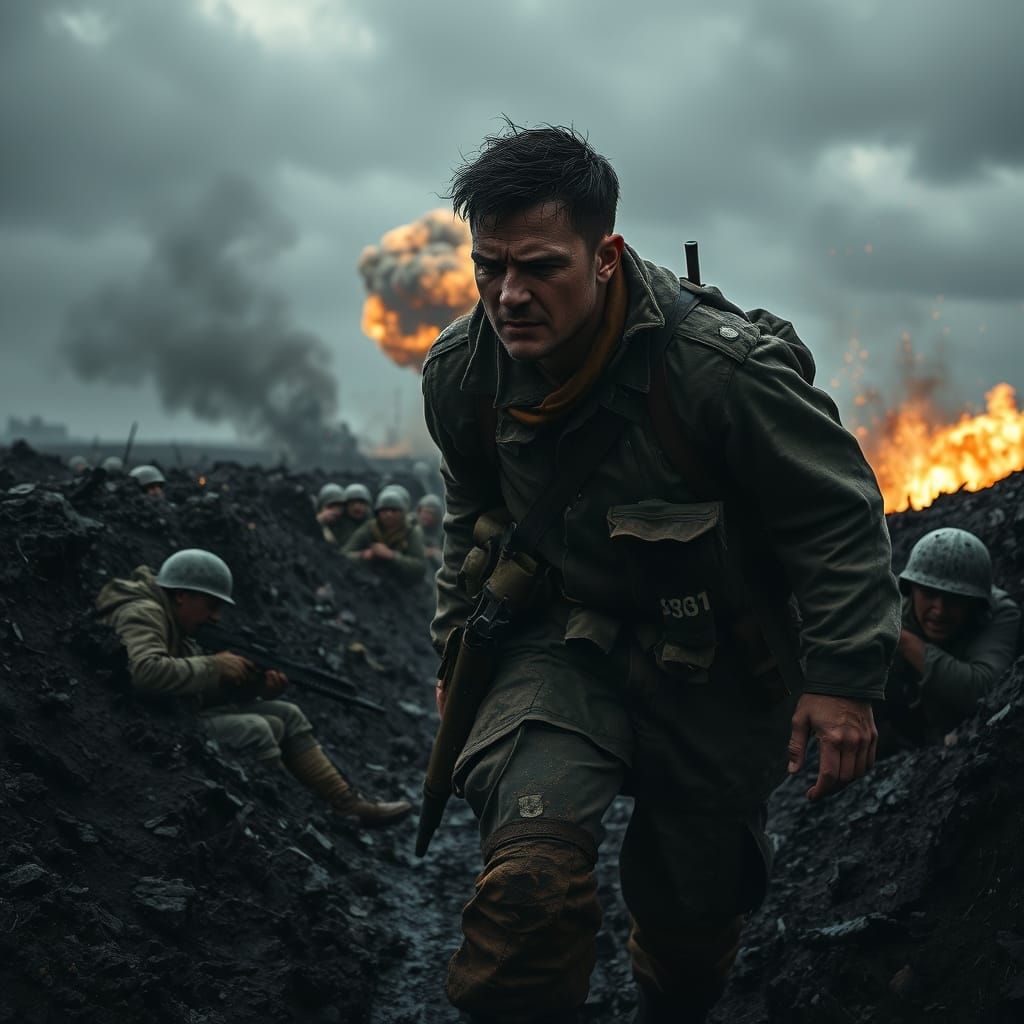 Battle-weary Soldier Collapses at the Trench - AI Art