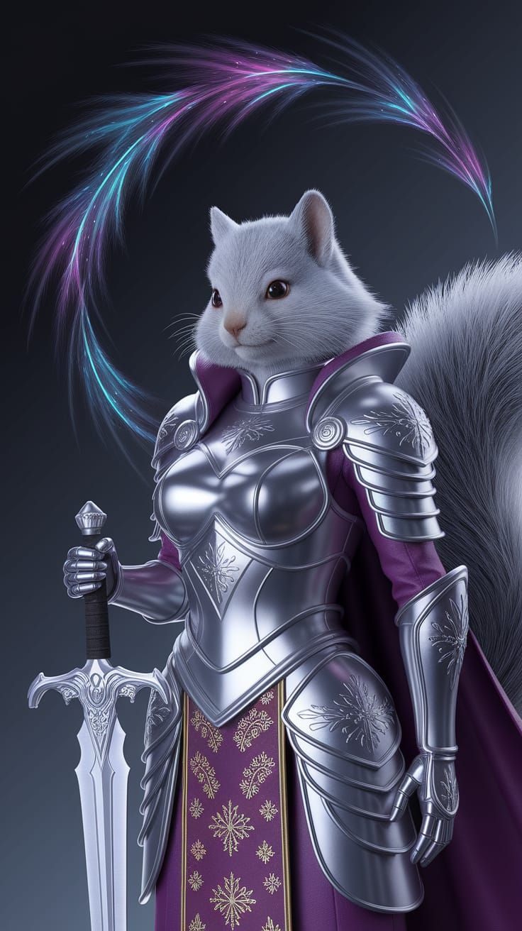 A majestic, silver-haired squirrel-human hybrid female paladin, clad in ...