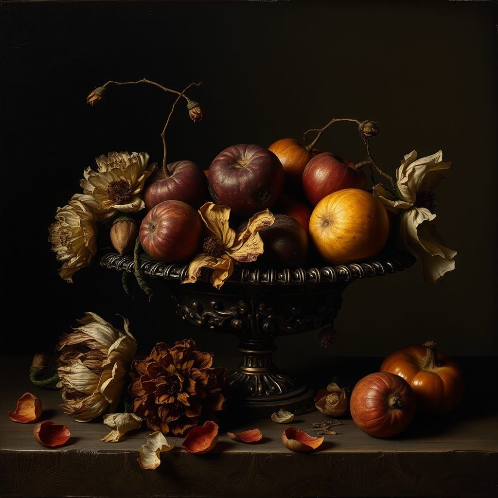 Adriaen van der Spelt dark still life of rotted fruit in a ornate bowl ...