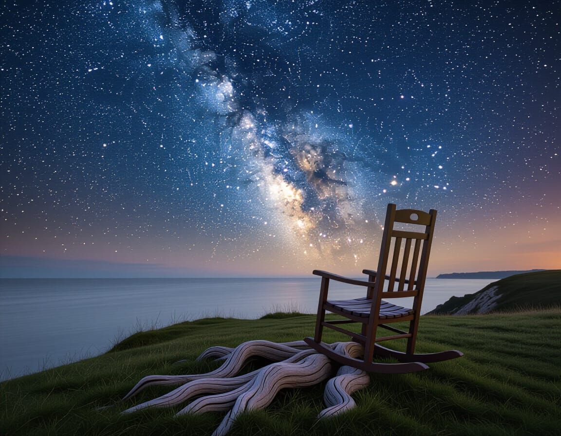 On the very edge of a silent, grassy clifftop, a single, weathered ...