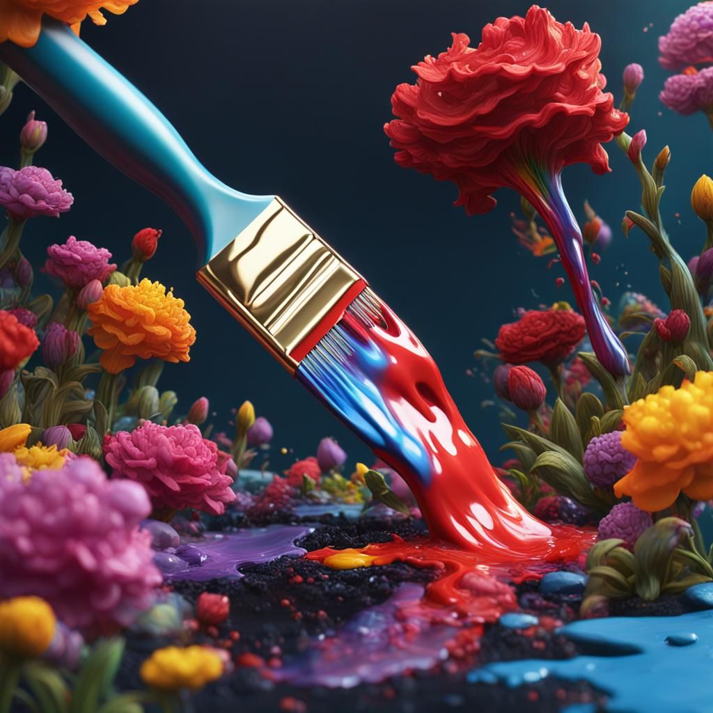 Colourful paint flowing off the tip of a paintbrush onto a blooming ...