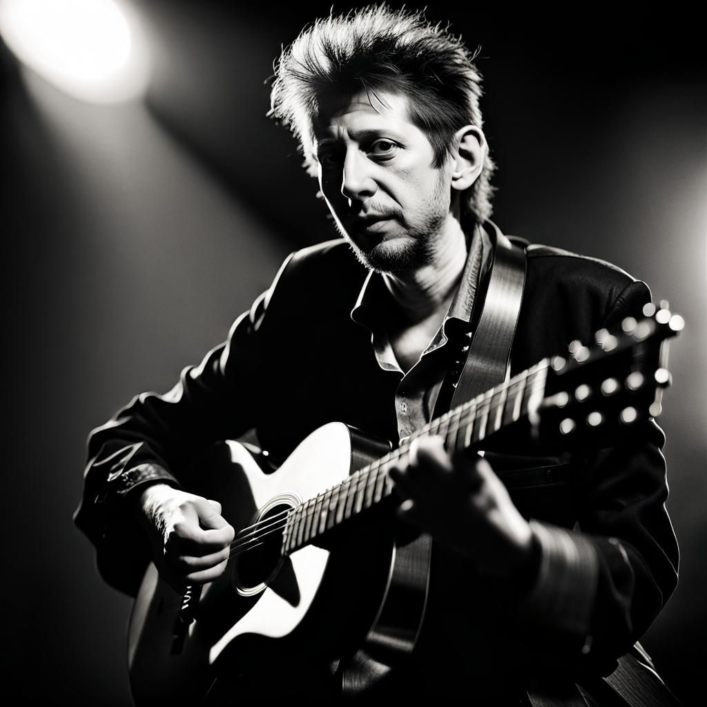 Photorealistic portrait of Shane MacGowan playing guitar Close up ...