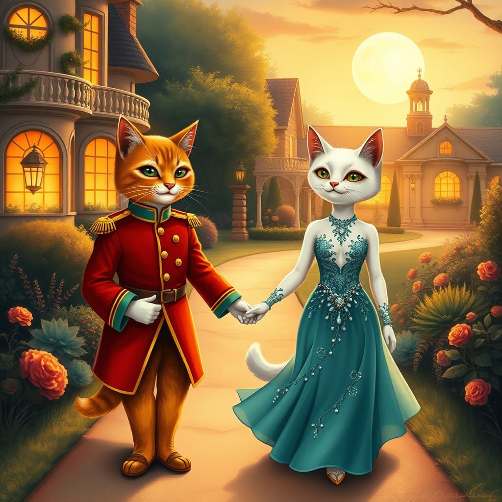 Two anthropomorphic cats walking together in an elegant, romantic setting.