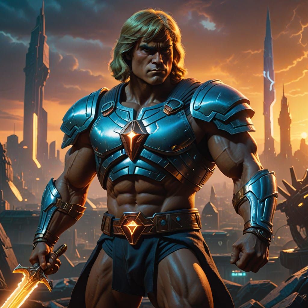 Photorealistic: He-Man holding his sword, calling down lightening ...