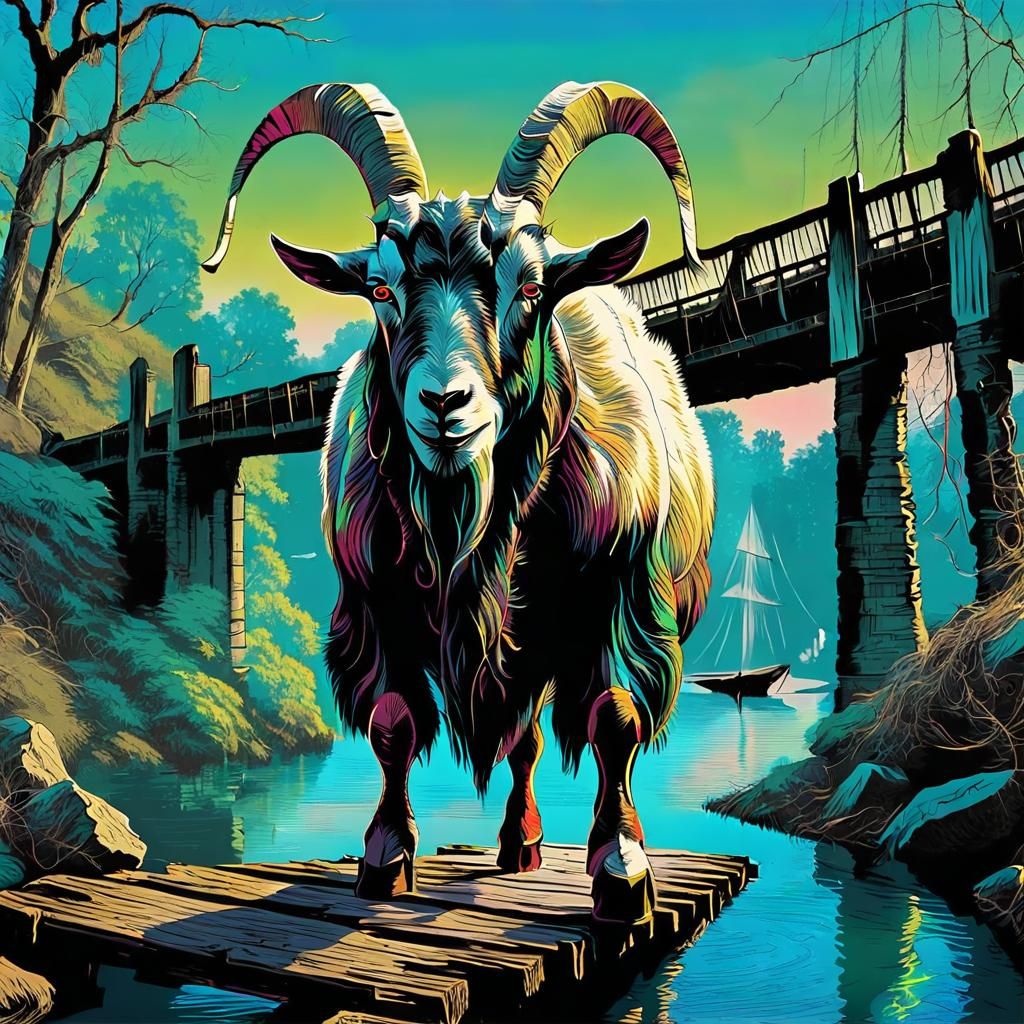 A big billy goat walking towards a very rickety old bridge over the ...