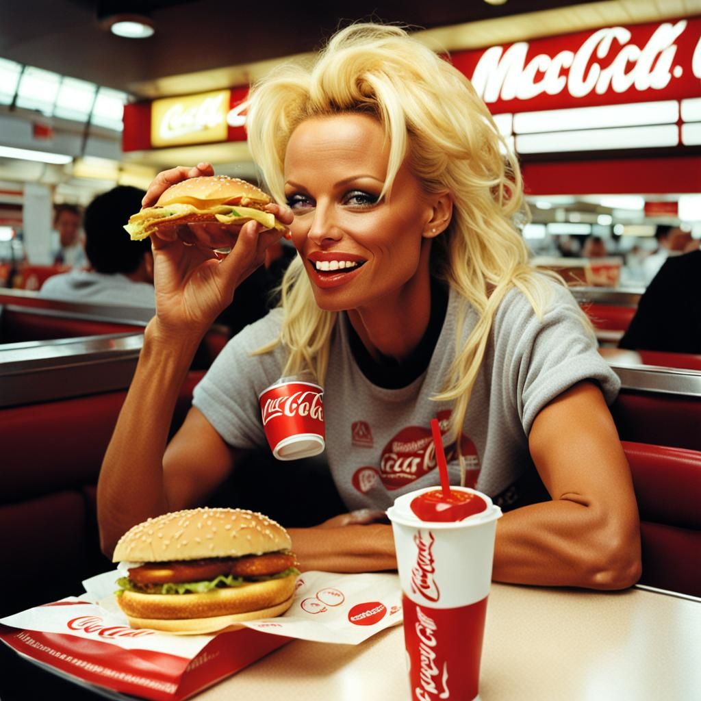 Pamela Anderson eating hamburger and drinking coca cola in McDonald's ...