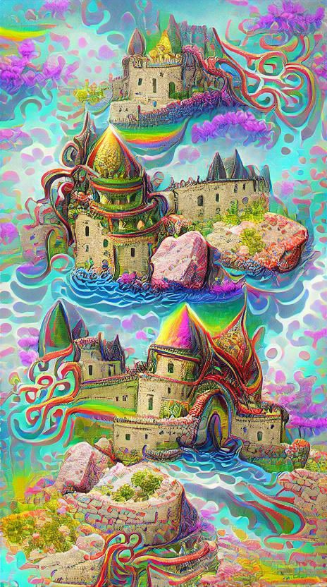 Psychedelic fantasy castle gouache WLOP tetradic colors romanesque ...