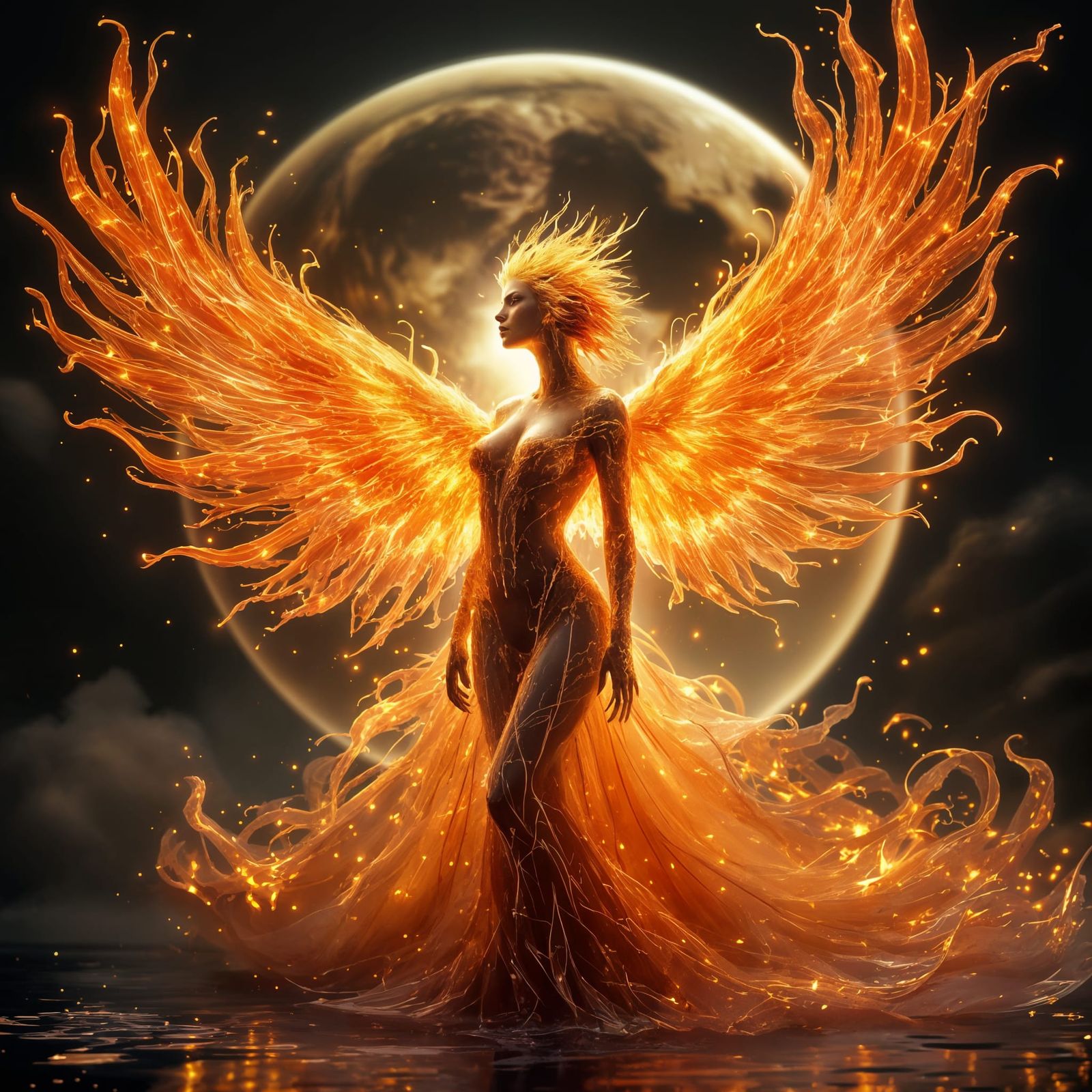 Newmoon Phoenix - Ethereal Ruby Phoenix Illuminated by Moon...