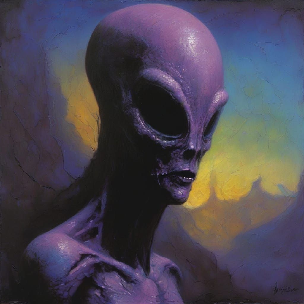 Alien by Zdzislaw Beksinski - Vibrant Alien in Dark Expressi...