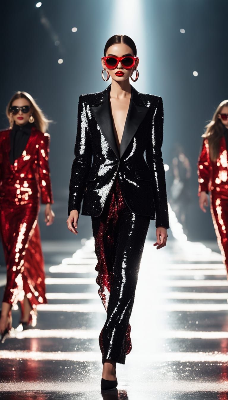 In this captivating scene from a high-energy fashion show, a model ...