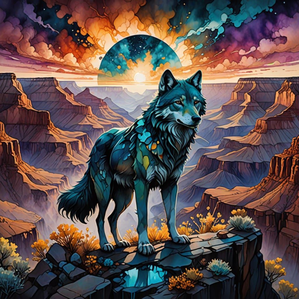 Grand Canyon. - Wolf Silhouette Over Grand Canyon in Dreaml...