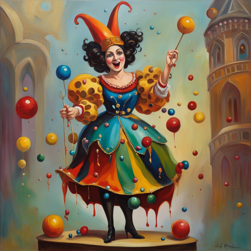 Full figure (female) medieval court Jester juggling, carnival quirky ...