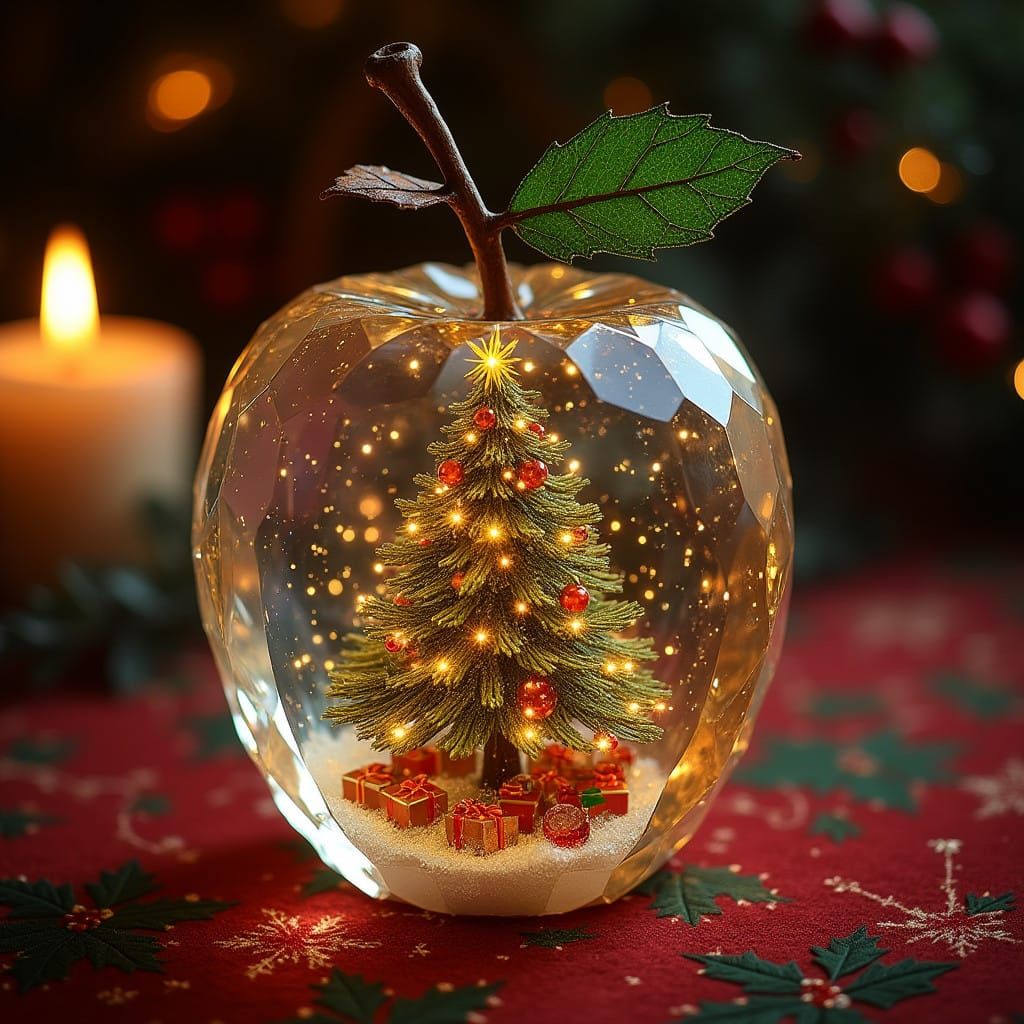 Crystal apple depicting a beautiful ornately decorated Christmas tree ...